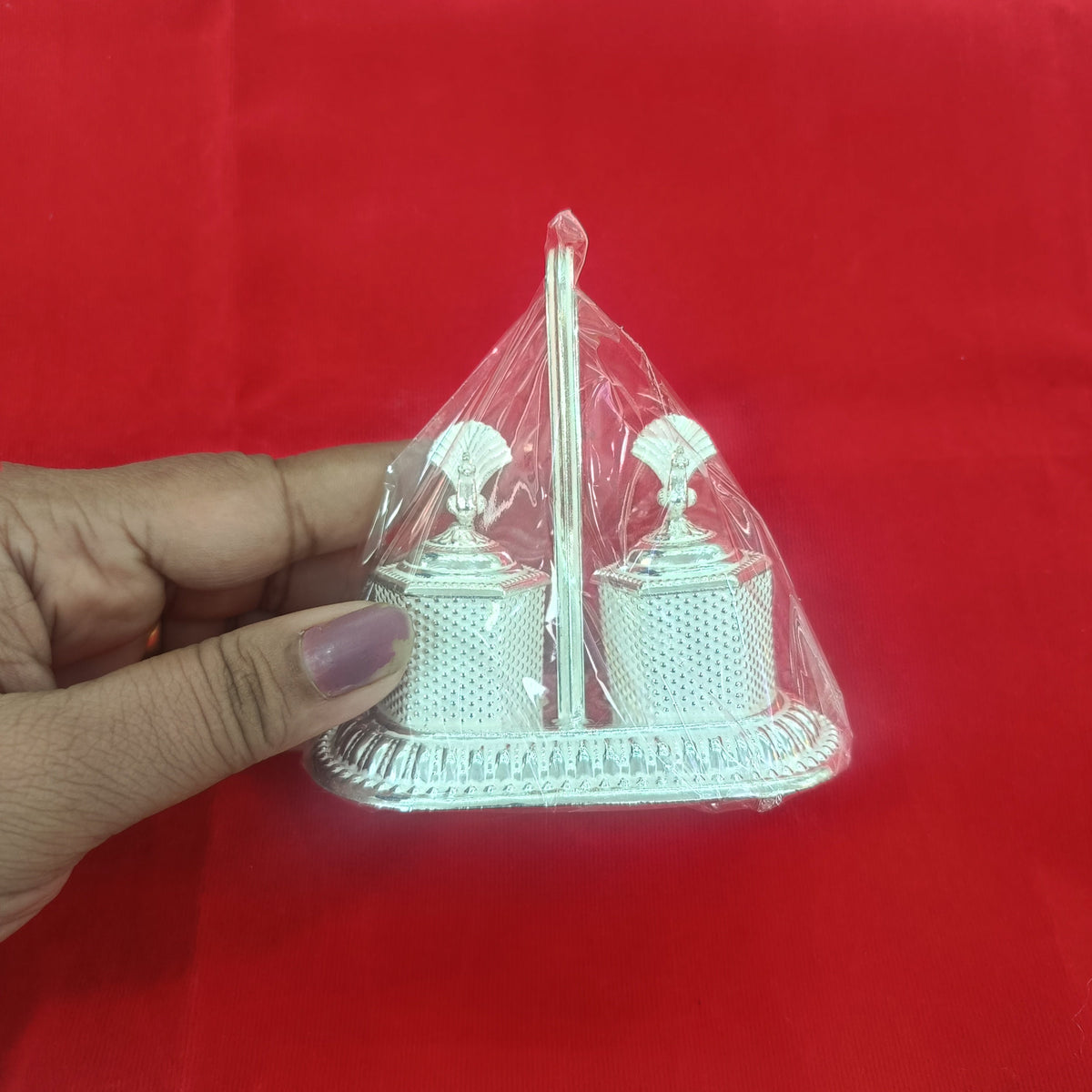 Silver Haldi-Kumkum Karanda / Kankavati with Handle for Pooja ...